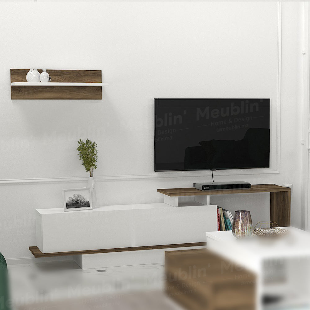 Meuble TV ASOS 180 cm à 2 portes 1 étagère murale - Noyer et blanc ...