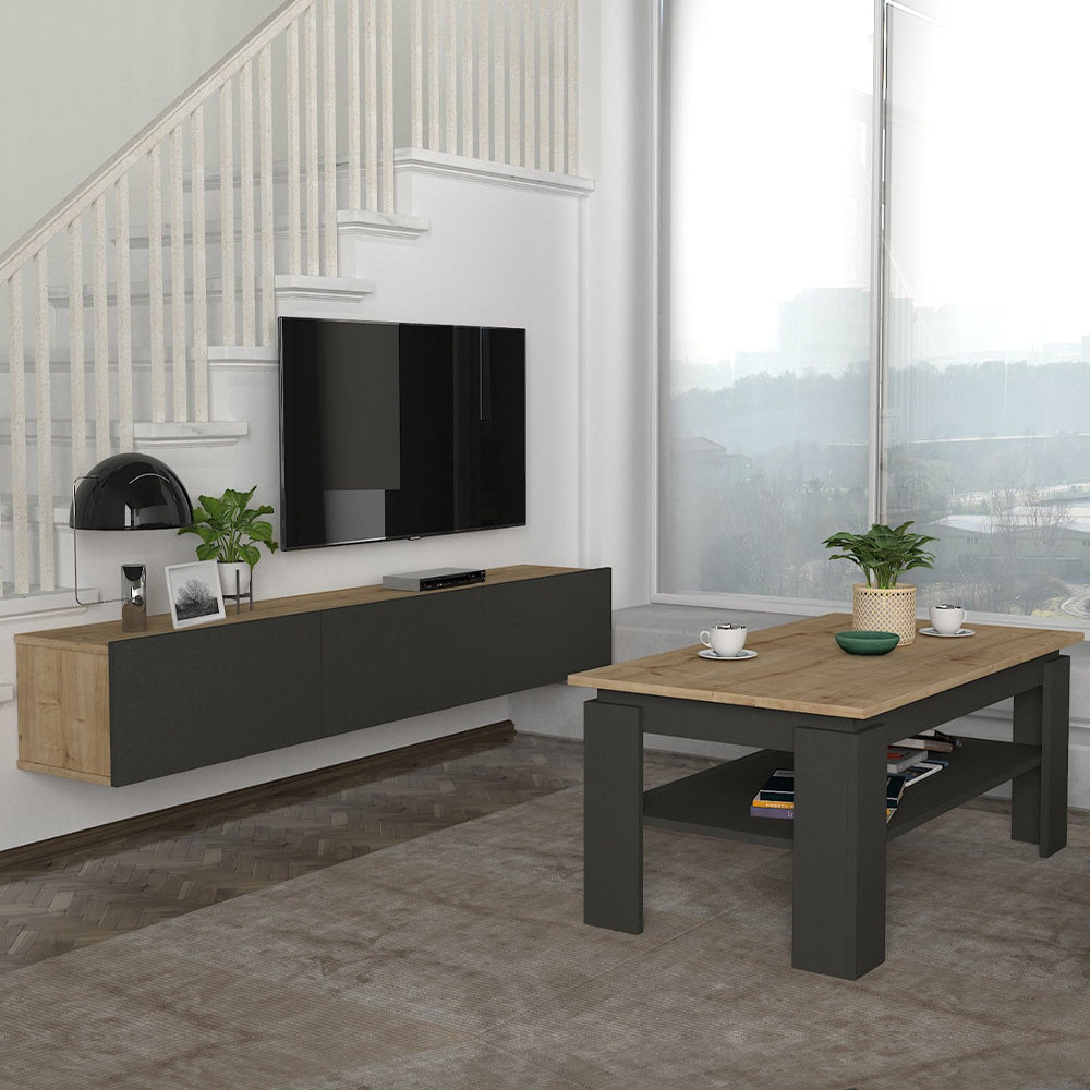 Pack DAMLER - Meuble TV suspendu et Table basse - Gris et chêne ...